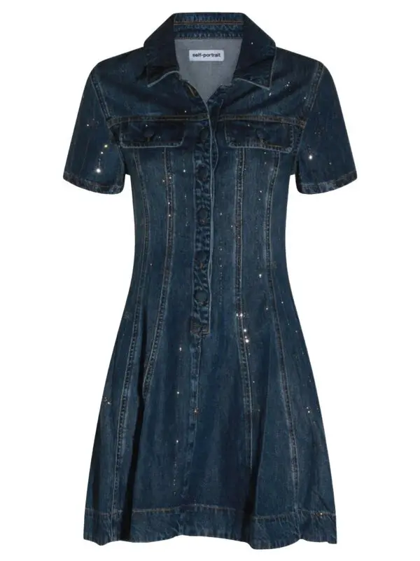 SELF-PORTRAIT Rhinestone Stripe Denim Mini Dress - No