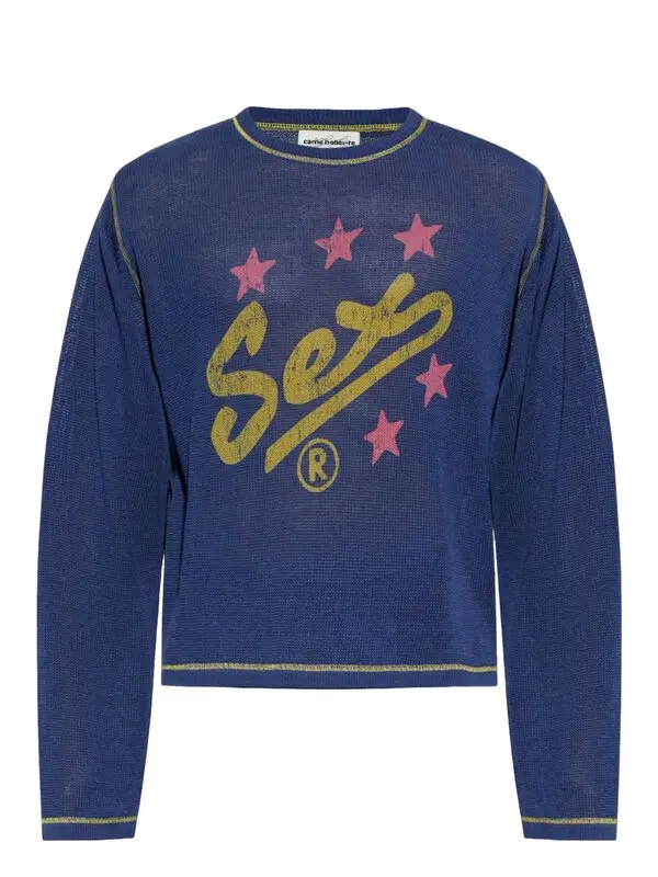 CARNE BOLLENTE Ribbed Knit Crew Neck Sweater With Graphic Print - Blue