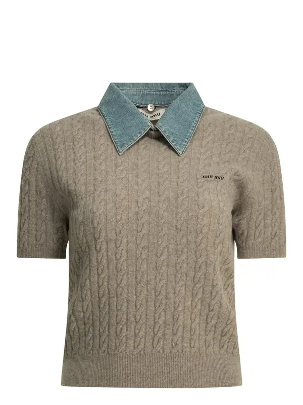 Miu Miu Wool And Cashmere Knit Sweater With Denim Collar - Sand-colored