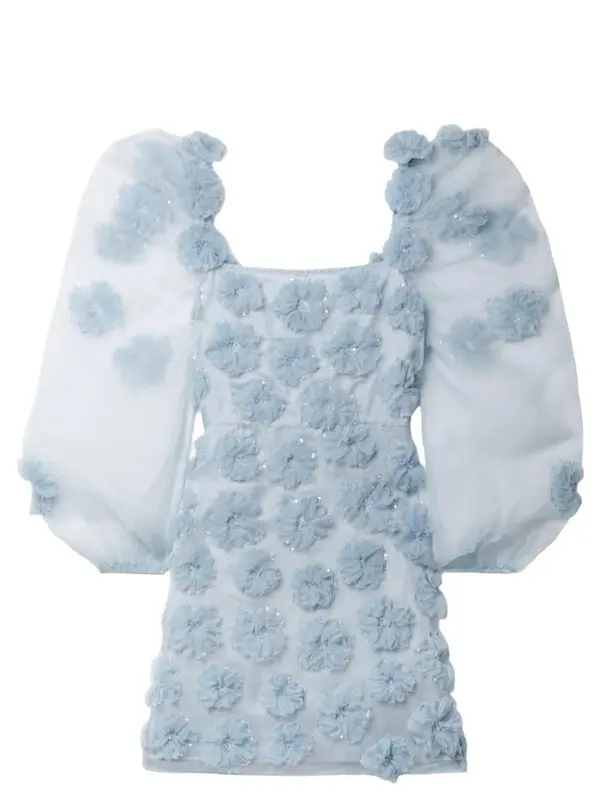 LoveShackFancy Wells Appliqued Organza Mini Dress - Blue