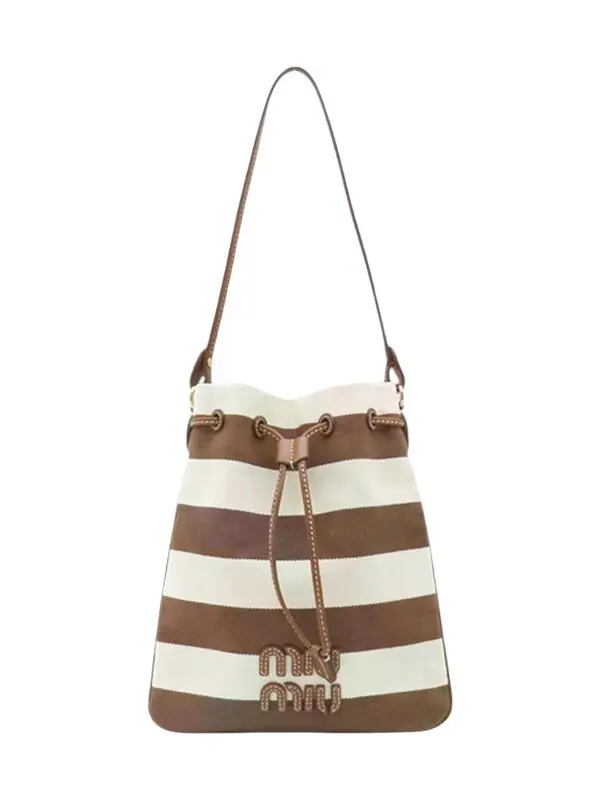 Miu Miu Striped Canvas Logo Drawstring Handbag - Brown