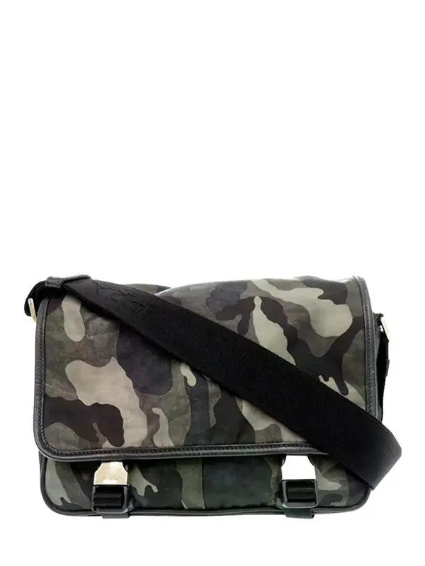 Prada Saffiano Trimmed Tessuto Camouflage Double Buckle Messenger Bag - Brown