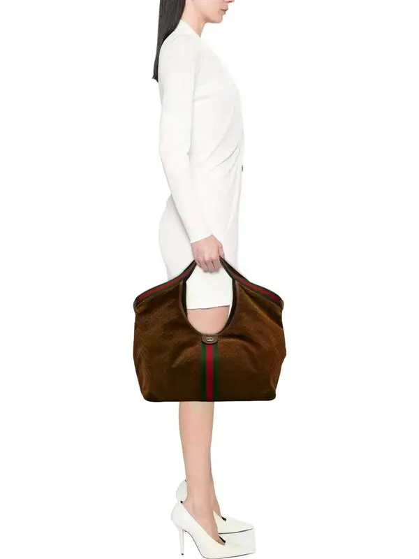 Gucci Large Gg Suede Web Giglio Tote Bag - Brown