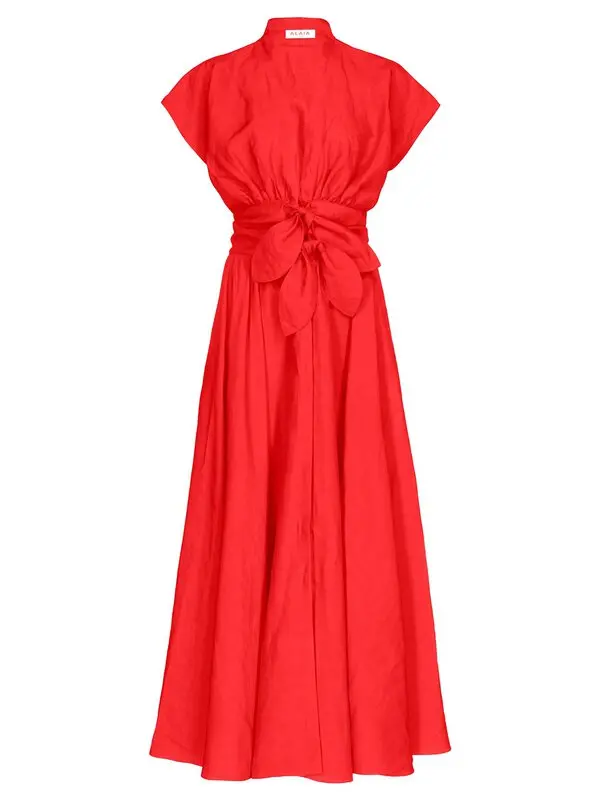 Alaïa Tie-detailed Slub Linen Midi Dress - Red