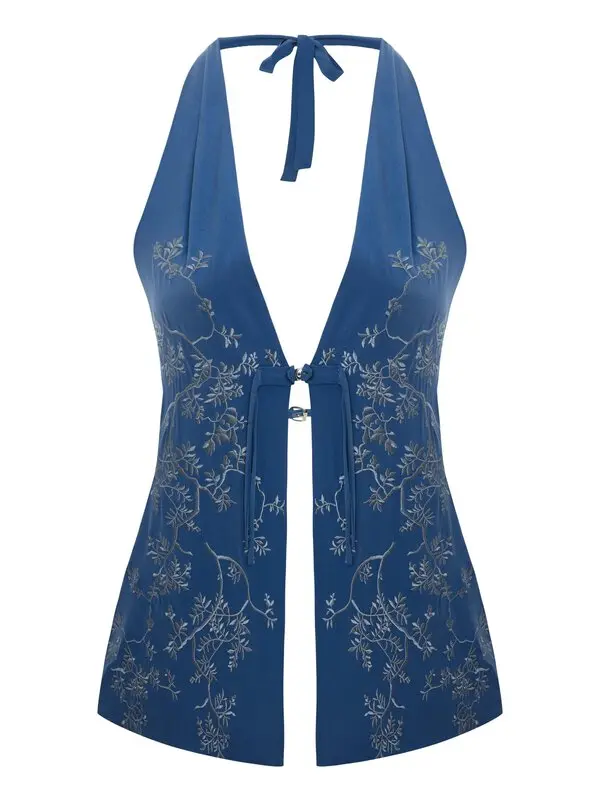 MAISON SEL Wrap Around Top With Embroidered Detailing - Blue