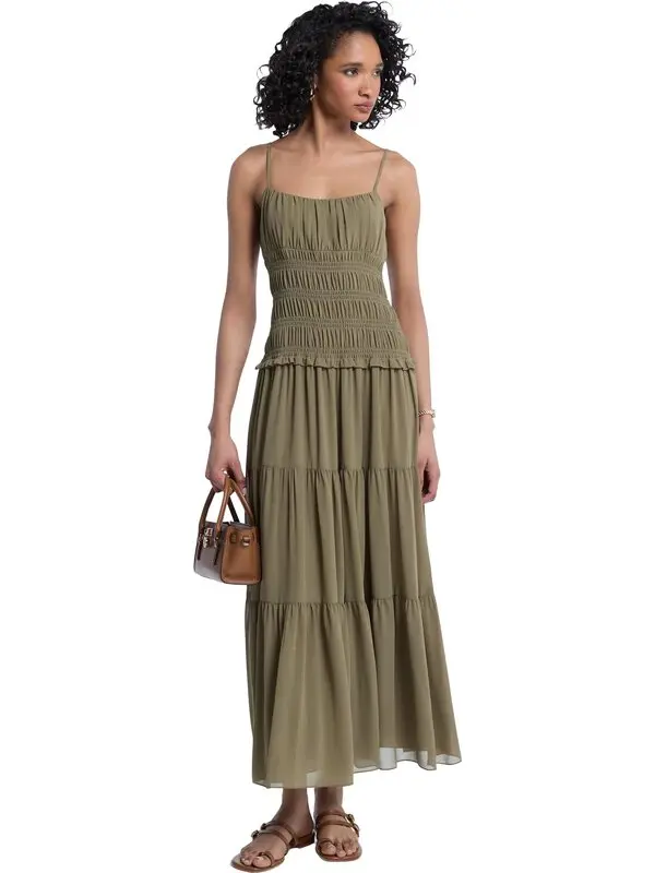 Michael Kors Smocked Georgette Maxi Dress - Green