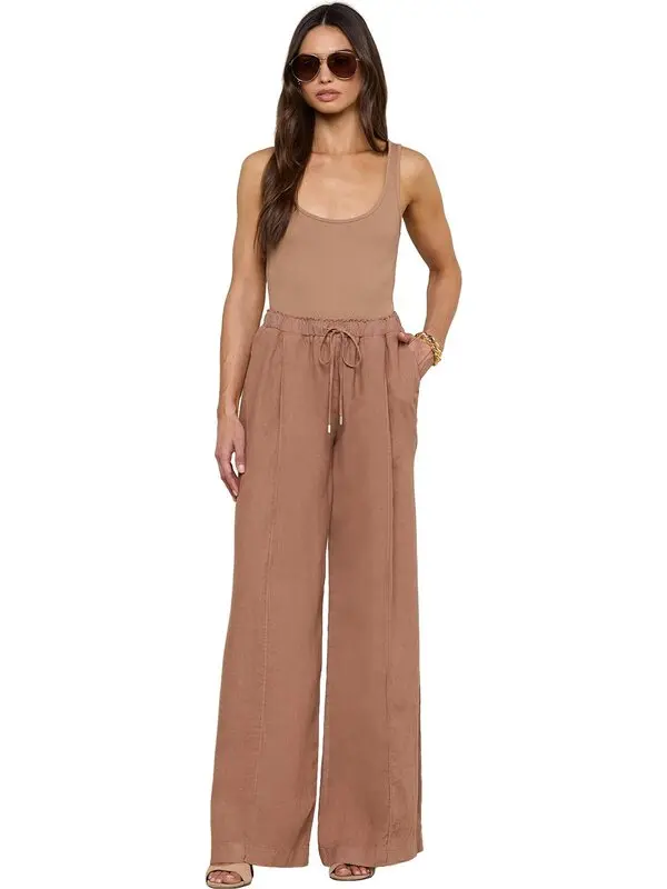 L'Agence Connie Linen Drawstring Wide Leg Trousers - Hazelnut