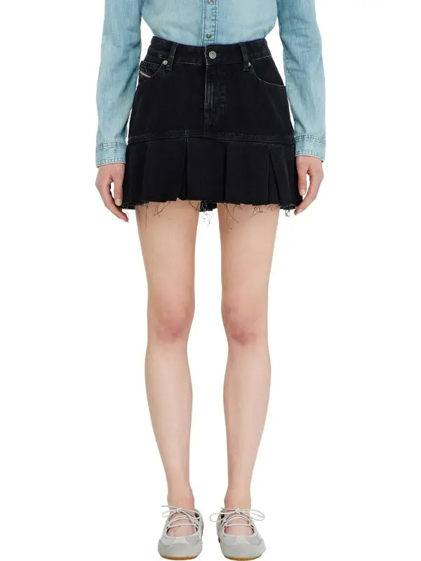 DIESEL® Denim Mini Skirt With Frayed Pleated Hem - Black