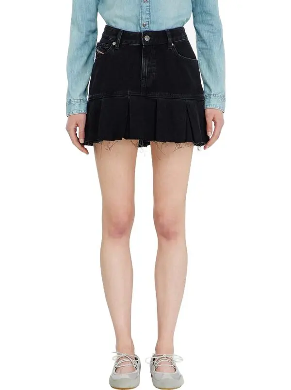DIESEL® Denim Mini Skirt With Frayed Pleated Hem - Black