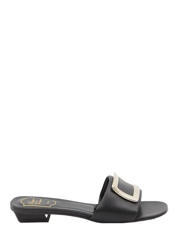 ROGER VIVIER Black Leather Metal Detail Square Toe Slides - Multicolor