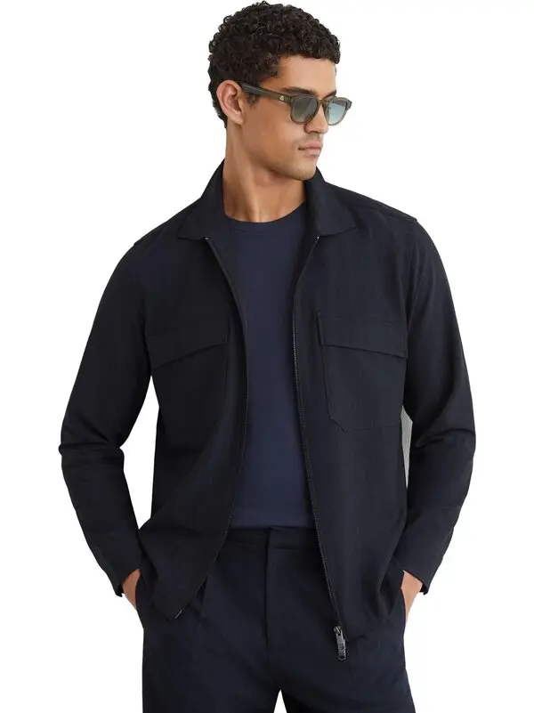 REISS Sidney Stripe Zip-through Overshirt - Navy
