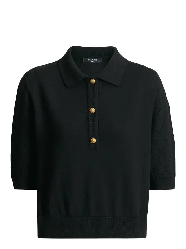 Balmain Merino Wool Openwork Crop Polo Shirt - Black