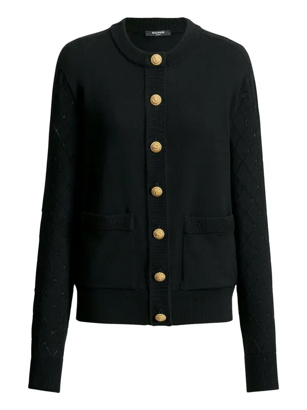 Balmain Merino Wool Cardigan With Lion Chain Buttons - Black