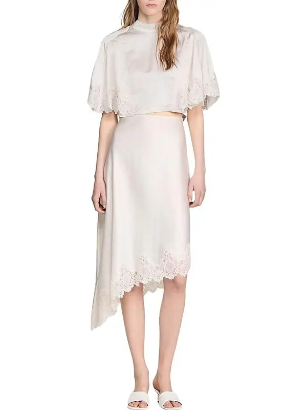 Sandro Asymmetric Satin Skirt With Lace Trim - Ecru