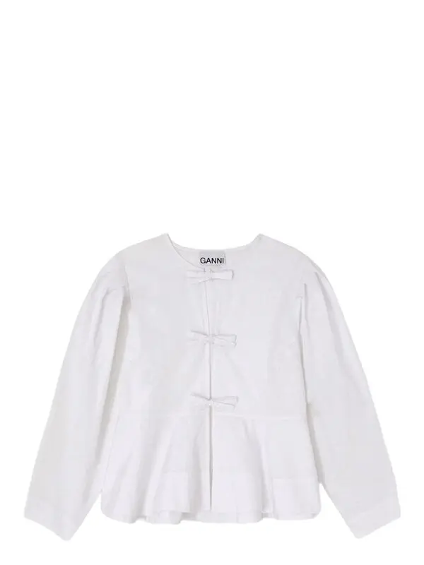 GANNI Organic Cotton Peplum Blouse With Puff Sleeves - White