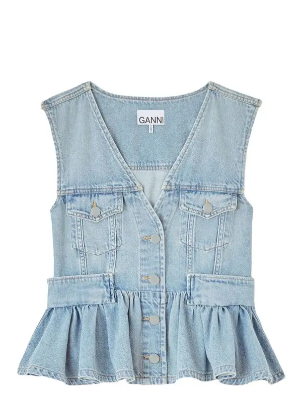 GANNI Denim Peplum Top - Sky Blue
