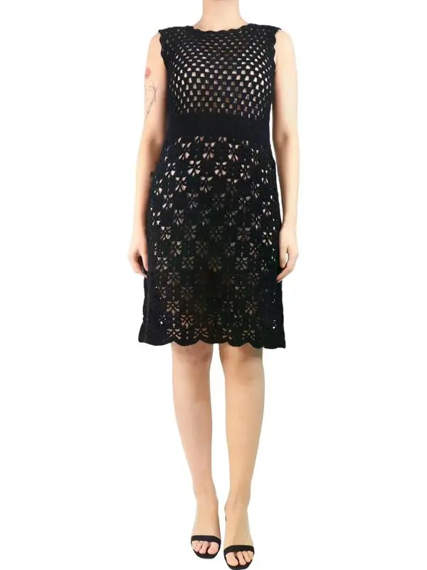 Prada Wool Crochet Knit Sleeveless Midi Dress - Black