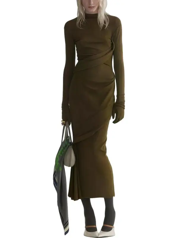 MUGLER Draped Turtleneck Midi Dress - Brown