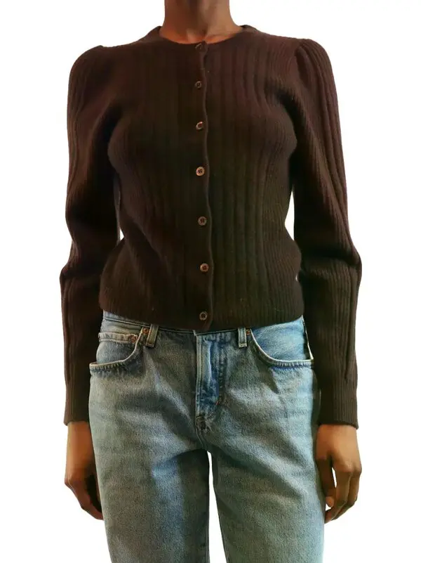 Paige Ribbed-knit Puff-sleeve Cardigan - Brown