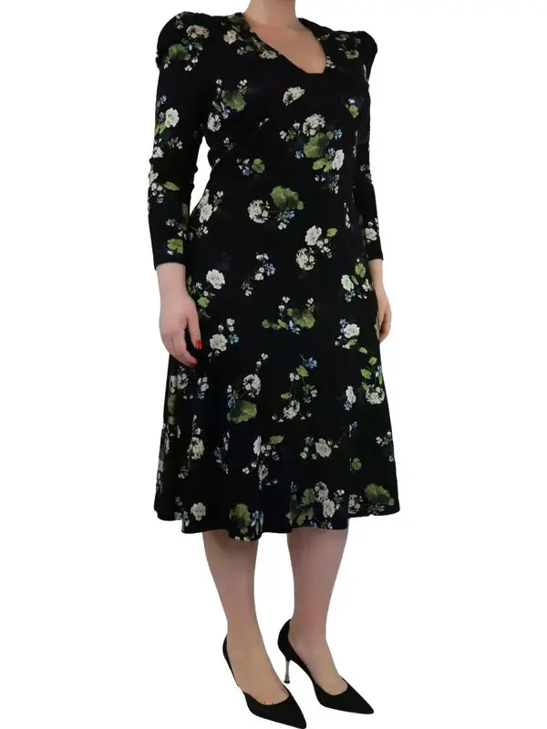 Erdem Floral Print Long Sleeve Midi Dress - Black
