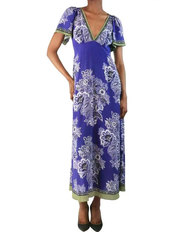 Etro Floral Print V-neck Silk Midi Dress - Purple