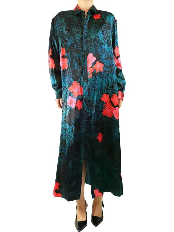 Saint Laurent Floral Print Maxi Shirt Dress - Black
