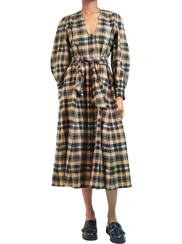 GANNI Seersucker Midi Dress - Brown