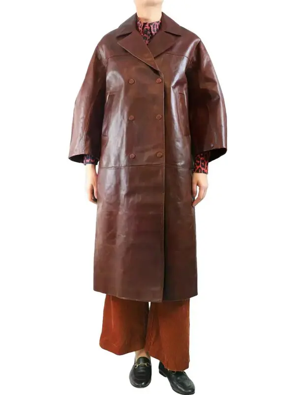 GANNI Oversized Double-breasted Leather Coat - Brown