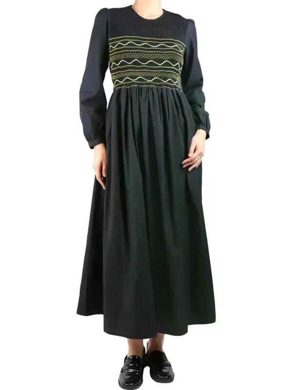 Loretta Caponi Shirred Bodice Midi Dress - Black