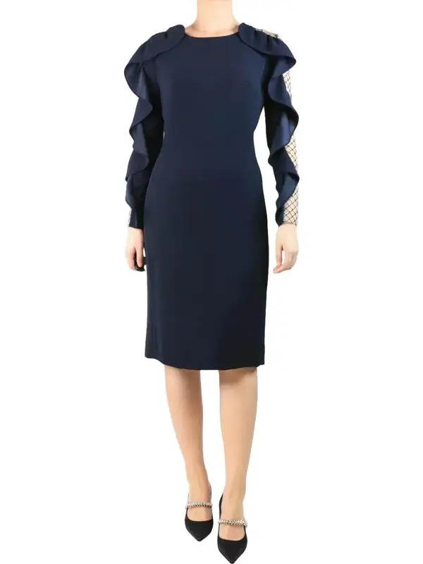 Jenny Packham Ruffled Mesh-panel Midi Dress - Blue