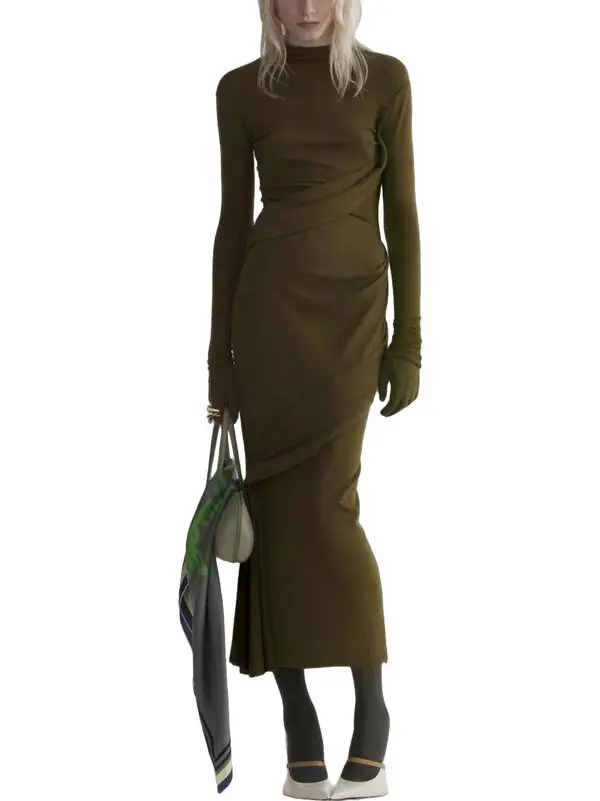 MUGLER Draped Turtleneck Midi Dress In Wool Jersey - Brown