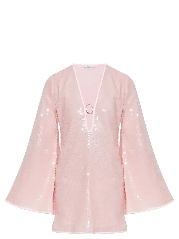 Oseree Sequin Mini Dress With Bell Sleeves - Pink