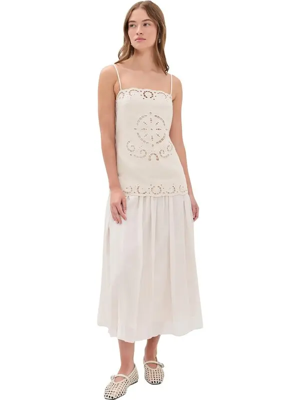 Moon River Spaghetti Strap Embroidered Midi Dress - Cream