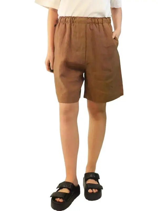 MARGARET HOWELL Elasticated Waist Linen Shorts - Brown