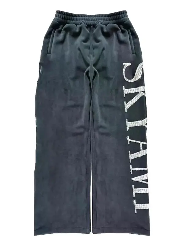 77 STUDIOS Skyami Rhinestone Embellished Velvet Track Pants - Blue