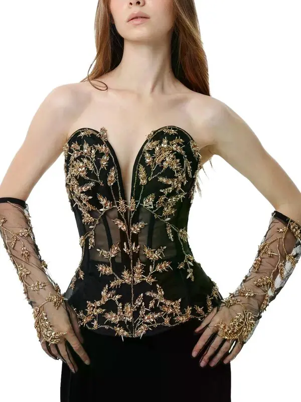 DINA MELWANI Embroidered Corset Maxi Dress - Black