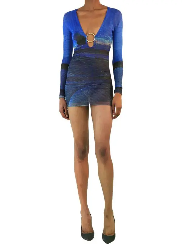 LOUISA BALLOU Printed Mesh Mini Dress - Blue