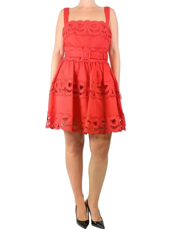SELF-PORTRAIT Embroidered Belted Mini Dress - Red