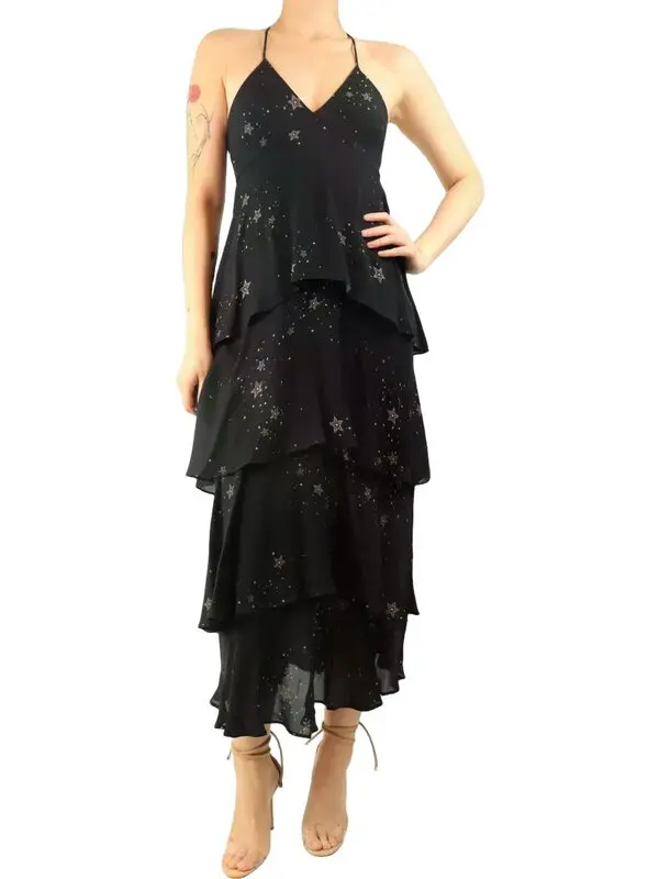A.L.C. Star Print Tiered Slip Midi Dress - Black