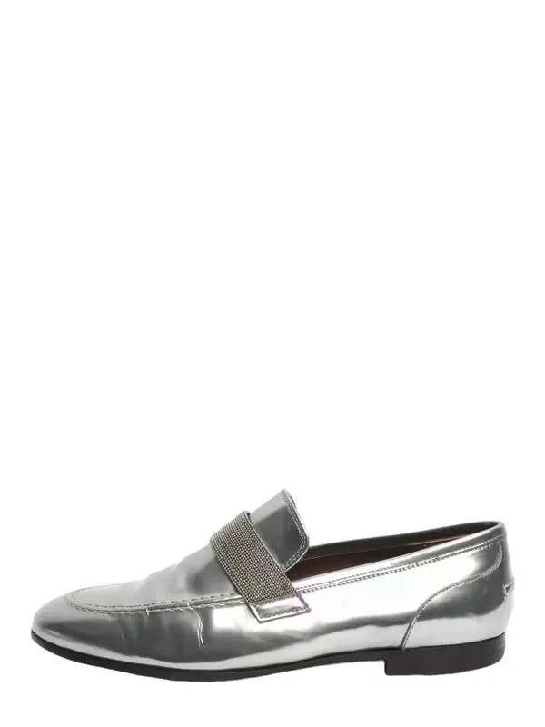 Brunello Cucinelli Metallic-effect Leather Loafers With Chain Strap - Silver