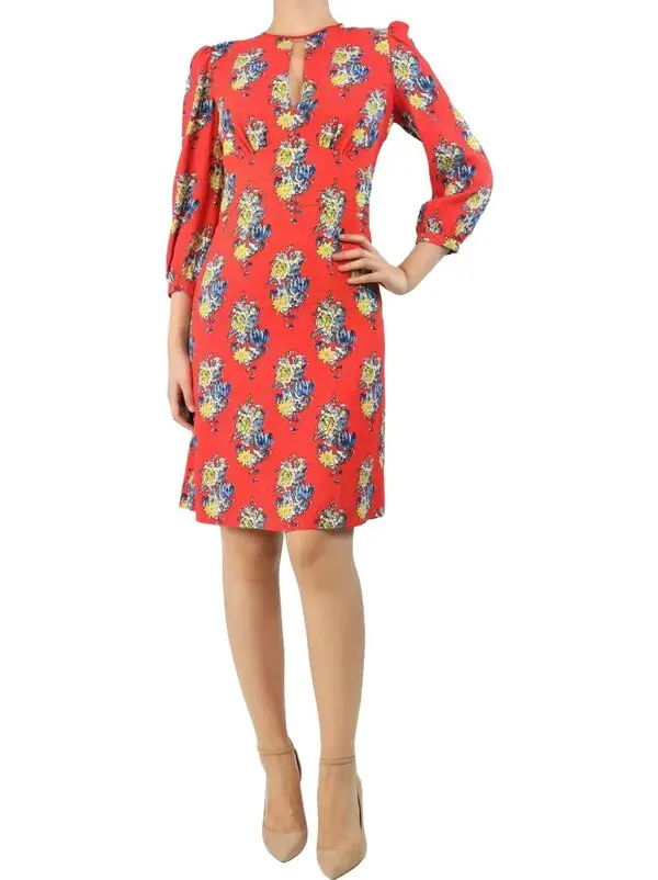 Miu Miu Floral Print Keyhole Midi Dress - Red