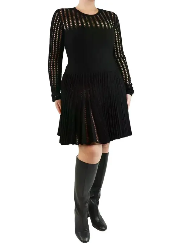Alaïa Perforated Pleated Knit Dress - Black