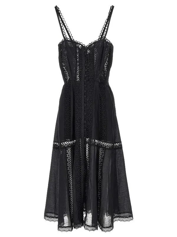 Charo Ruiz Ibiza Ankle-length Cotton Voile Dress With Embroidered Lace Inserts - Black
