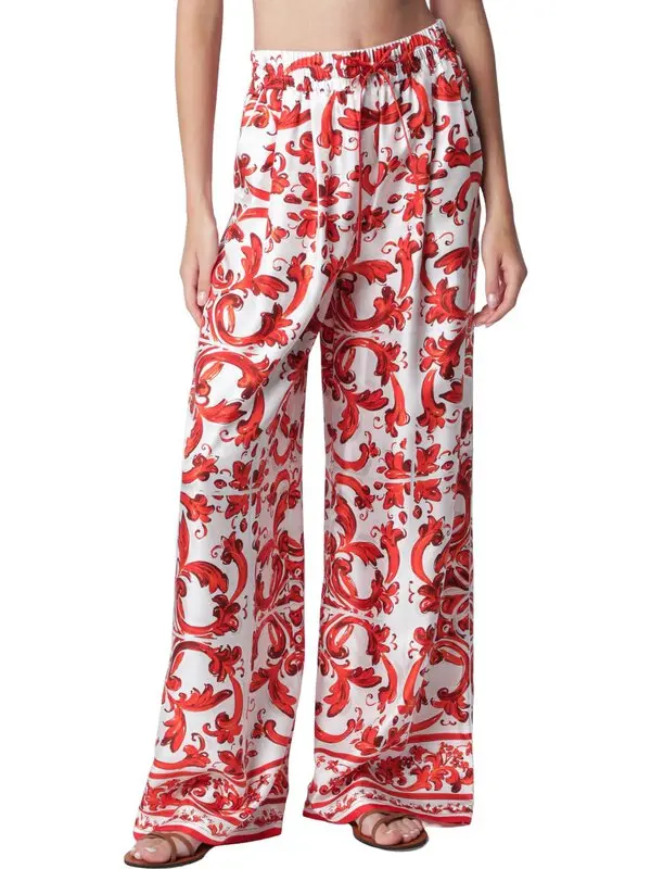 Dolce & Gabbana Wide-leg Silk Pants With Maiolica Print - Orange