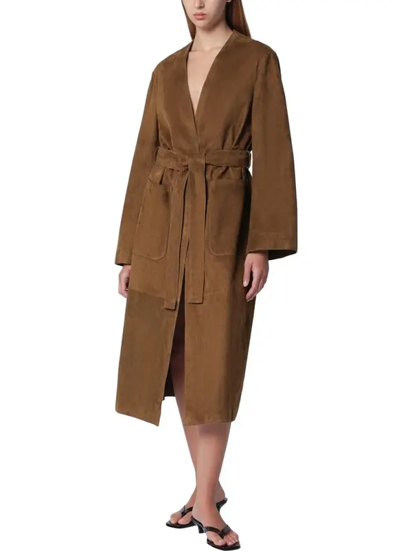 Nour Hammour Suede Leather Belted Coat - Brown