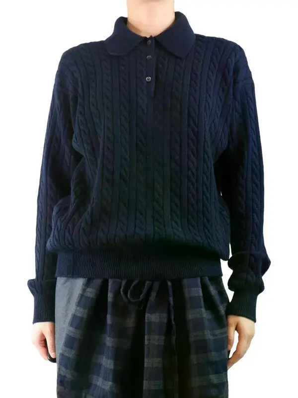 Miu Miu Navy Cable Knit Polo Collar Sweater - Blue