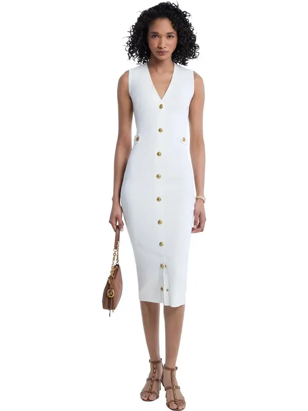 Michael Kors Sleeveless Stretch Knit Midi Dress With Button Detail - Natural