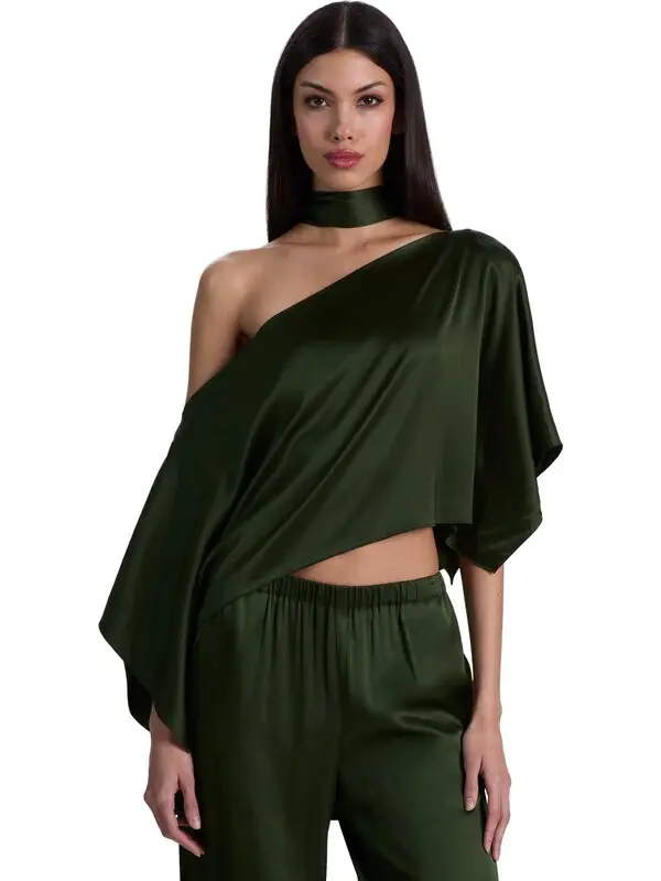 Alice + Olivia Rita Draped One-shoulder Top With Scarf - Dark Fern
