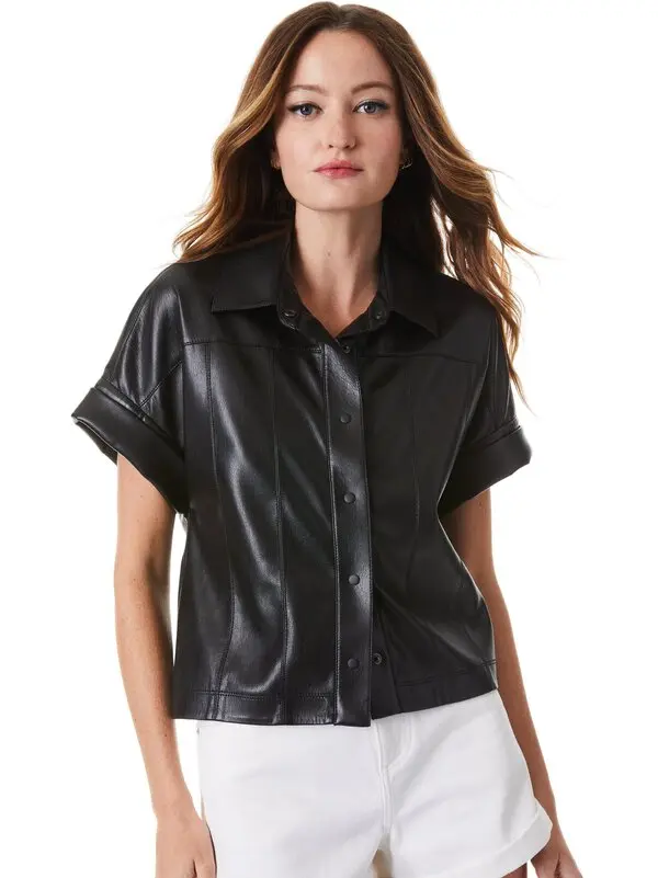 Alice + Olivia Edyth Vegan Leather Cropped Top - Black