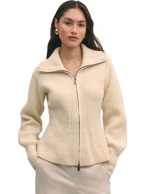 Brooks Brothers Merino Wool Blend Peplum Zip Cardigan - Cream